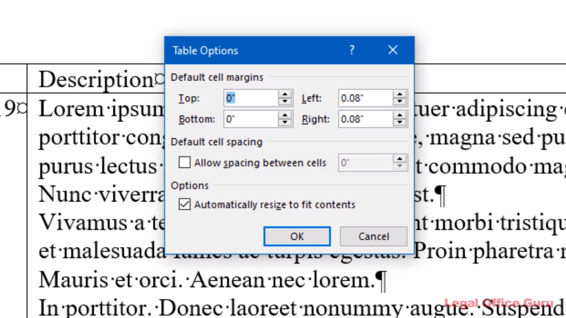 Resetting table cell margins and text alignment - Legal Office Guru