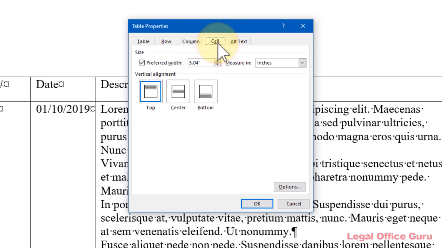Resetting table cell margins and text alignment - Legal Office Guru