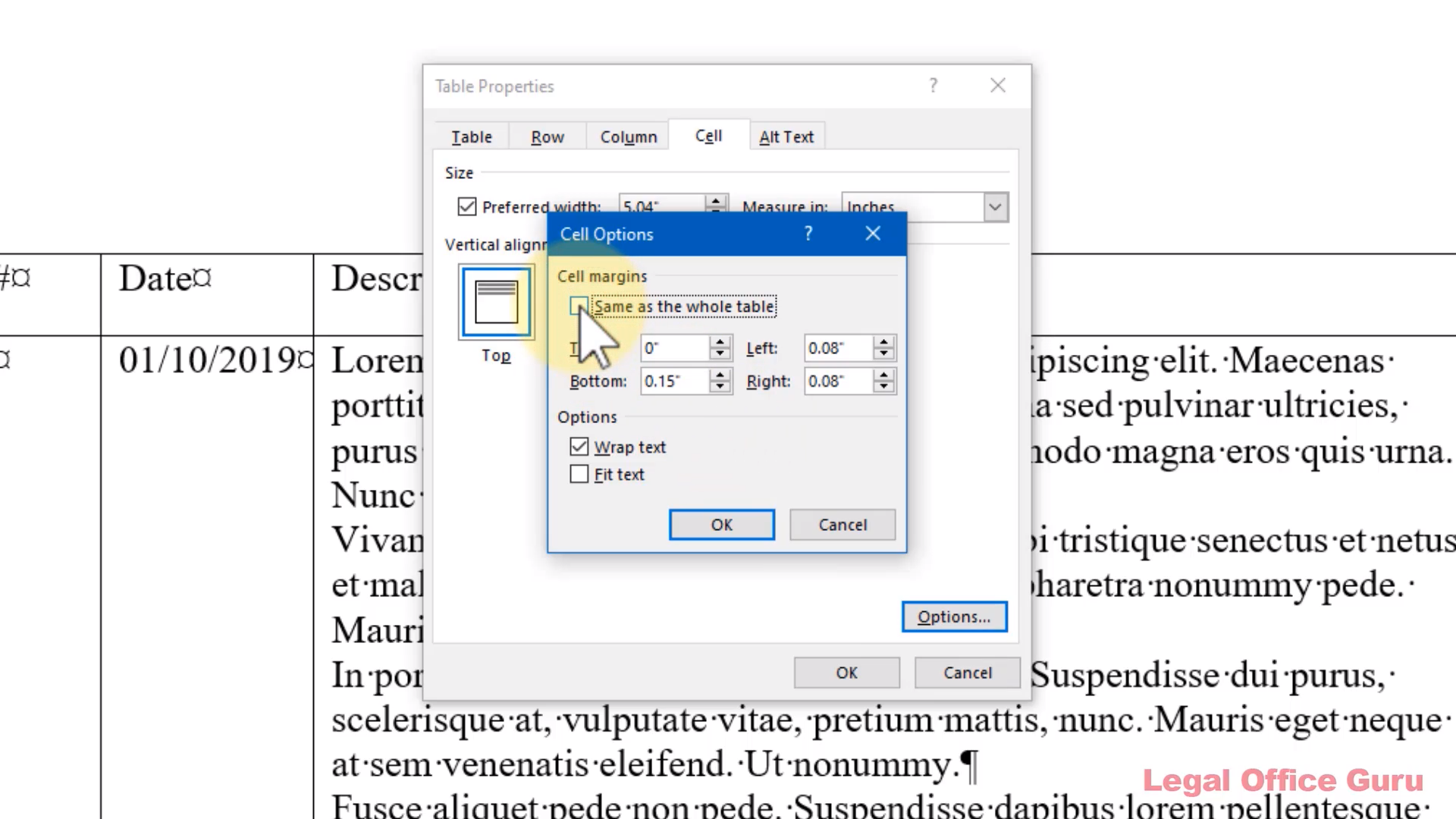 Resetting table cell margins and text alignment - Legal Office Guru